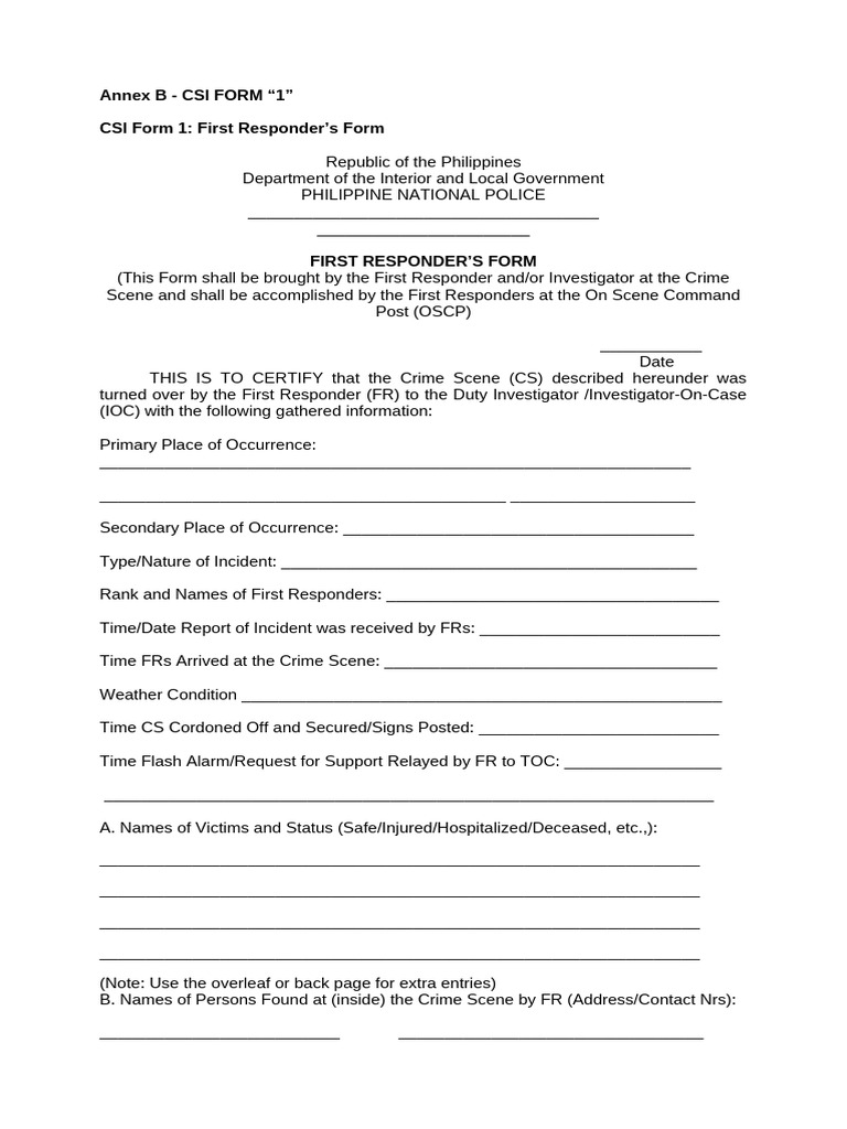 First Responder's Crime Scene Form | PDF | Crime Scene | Forensic Science