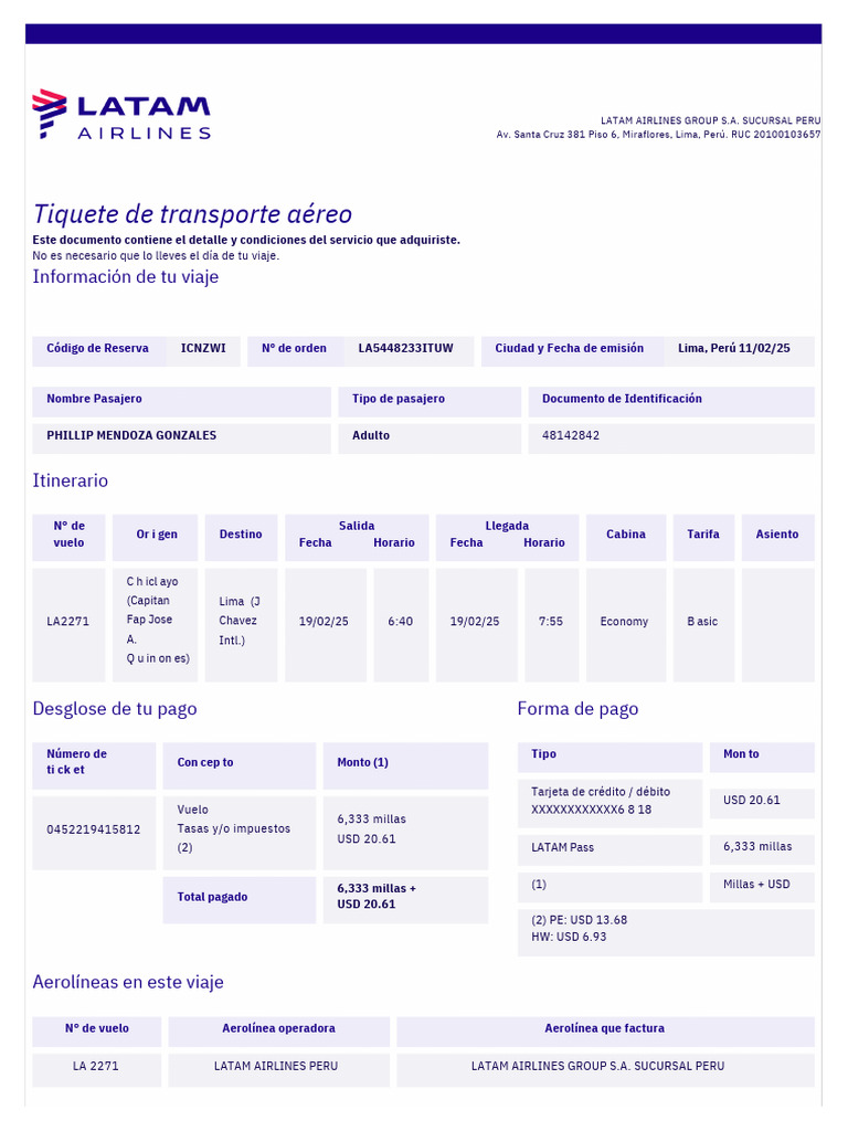 Comprobante de Vuelo LATAM Perú | PDF | aerolíneas | Transporte