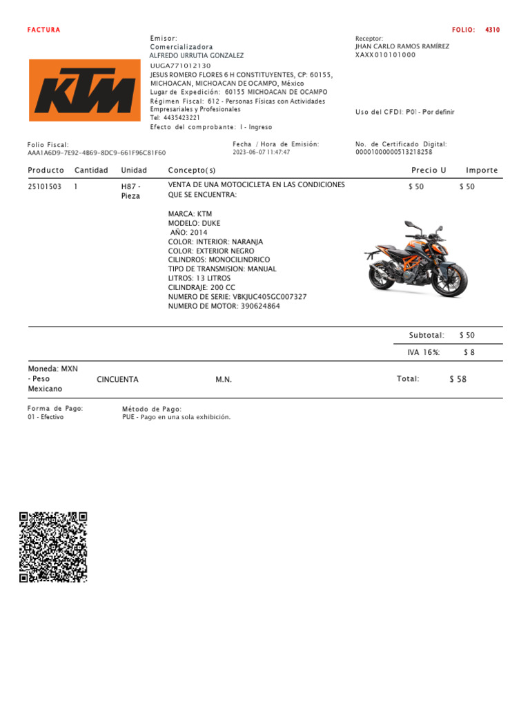 Producto Cantidad Unidad Concepto (S) Precio U Importe: 25101503 1 H87 ...