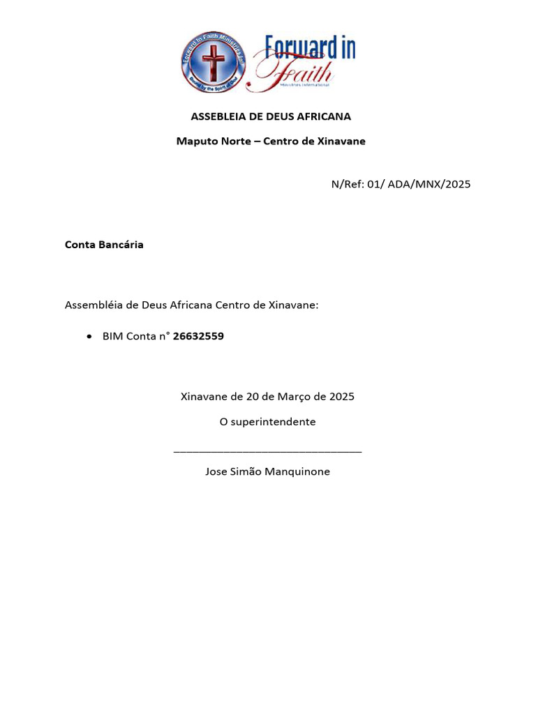 Carta 01 - Conta Bancaria ADA Maputo Norte - Xinavane - 2025 | PDF