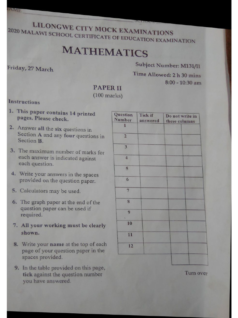 Lilongwe Mock Math pp2 | PDF