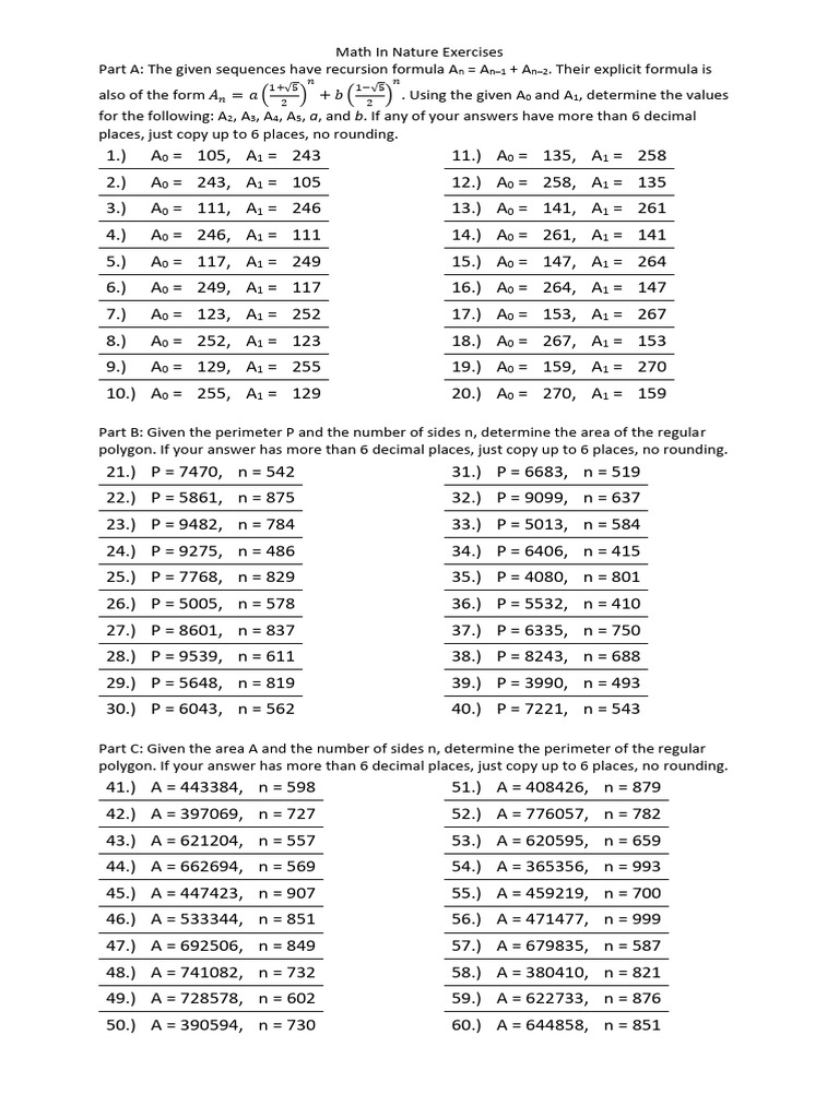 Math in Nature Exercises Questions Only | PDF | Mathematics