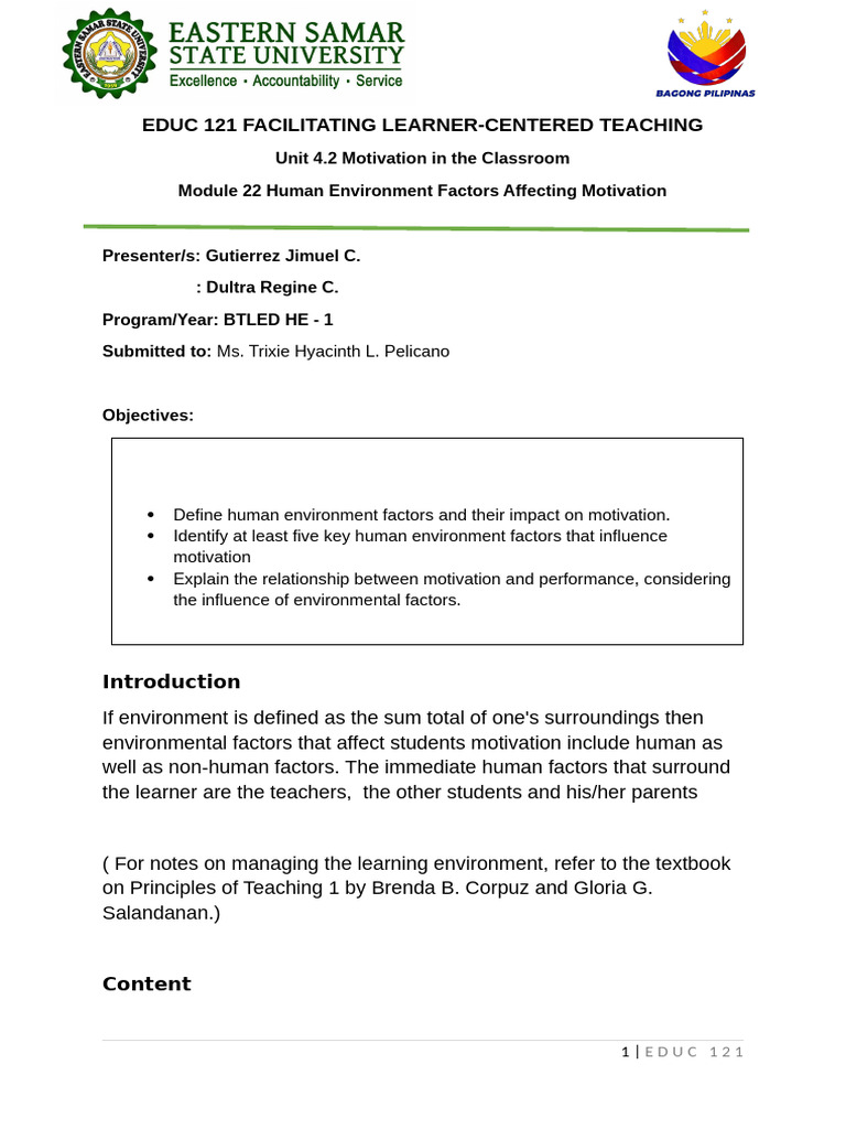 Educ 121 Facilitating Learner | PDF | Teachers | Motivational