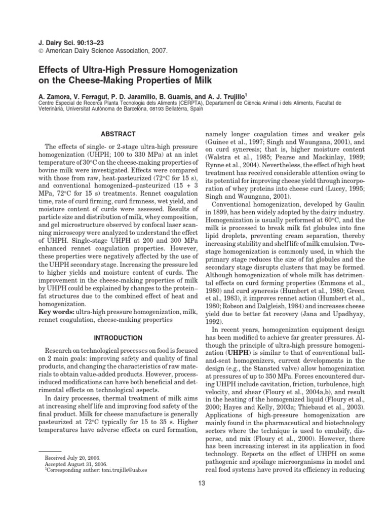 Effects of Ultra-High Pressure Homogenization on the Cheese-Making ...