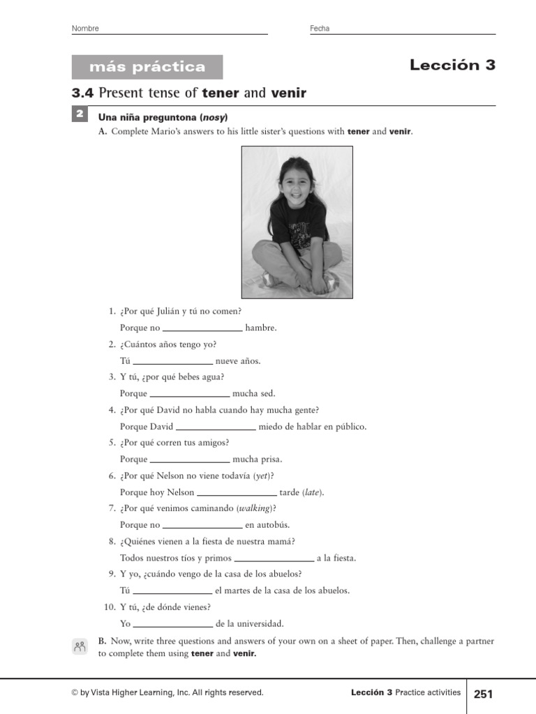 Ejercicios de tener y venir en español | PDF
