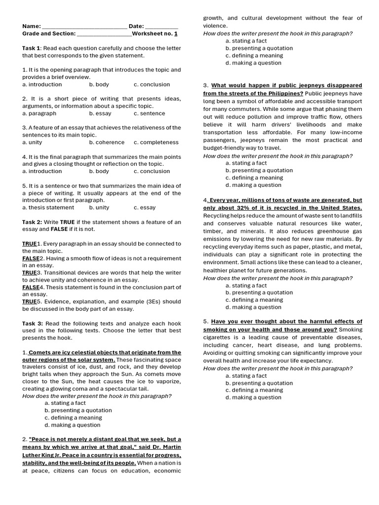 Worksheet-1-Introduction-to-Essay | PDF | Essays | Physical Fitness