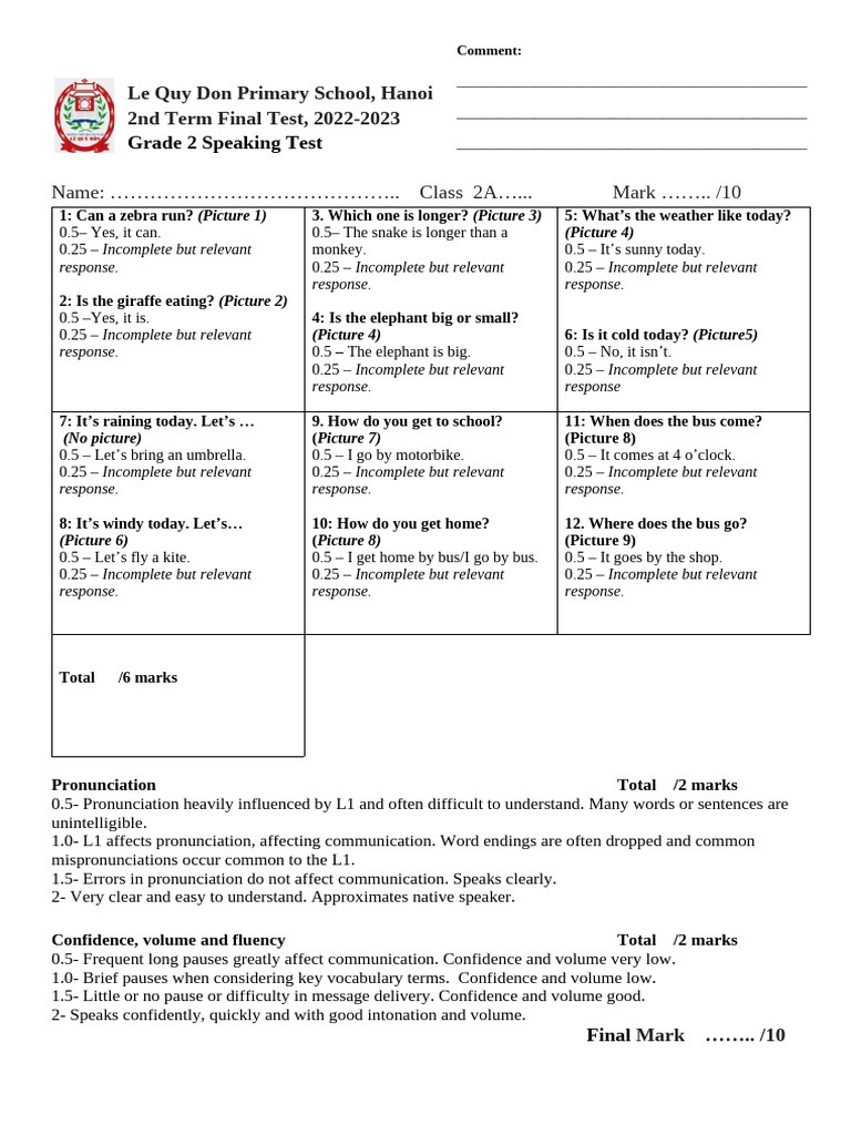 Grade 2 Speaking Test Assessment 2023 | PDF | Human Communication ...