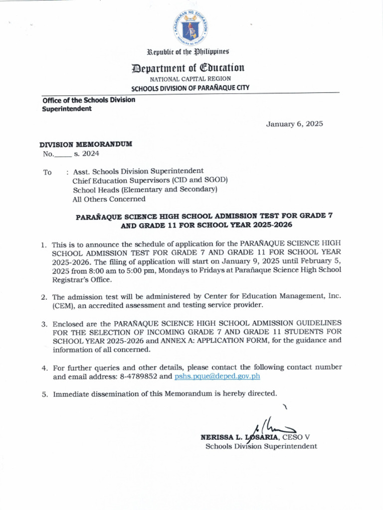 PARSCI Admission Test For SY 2025 - 2026 | PDF