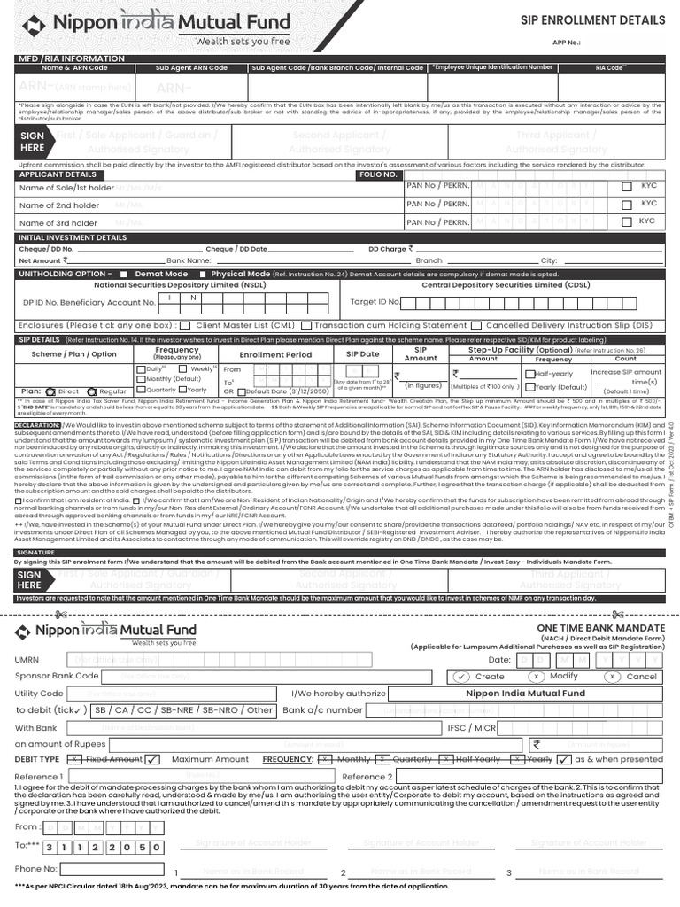 One Time Bank Mandate+Single SIP Form Editable | PDF | Banks | Debit Card