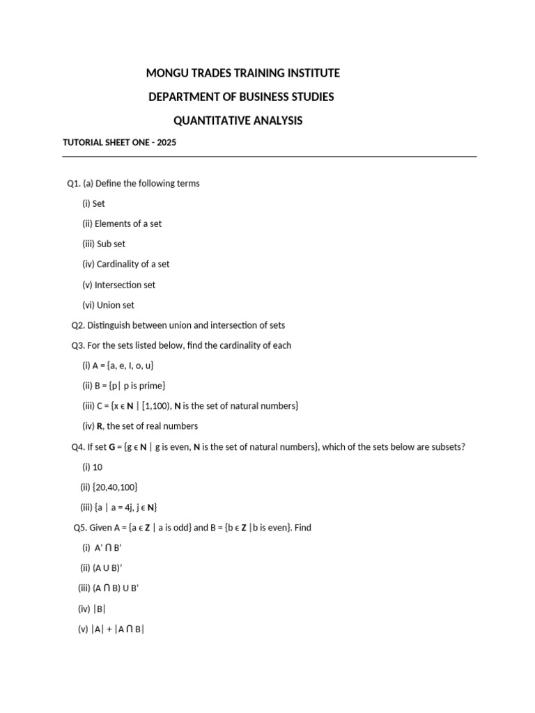 Tutorial Sheet One QA - 113216 | PDF