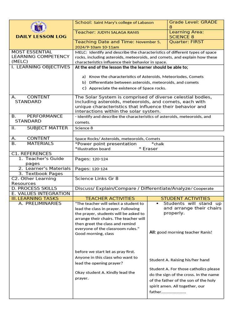 Judyn Lesson Plan Space Rocks New | PDF | Earthquakes | Learning