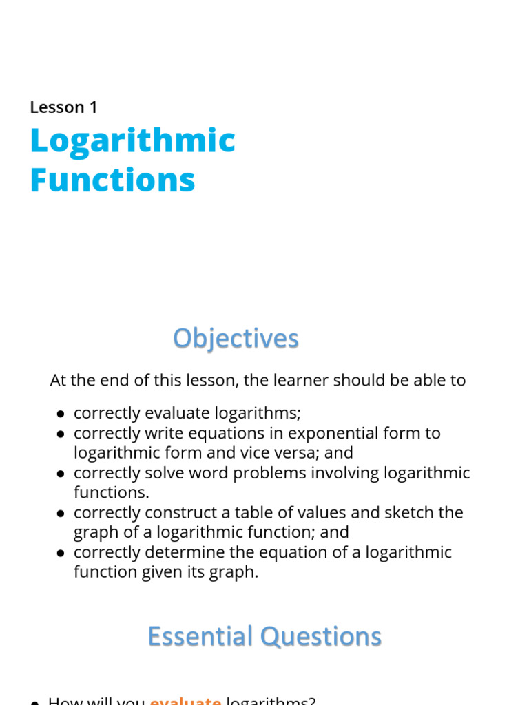 Lesson 1 Logarithmic Functions Pdf Pdf Logarithm Exponential Function