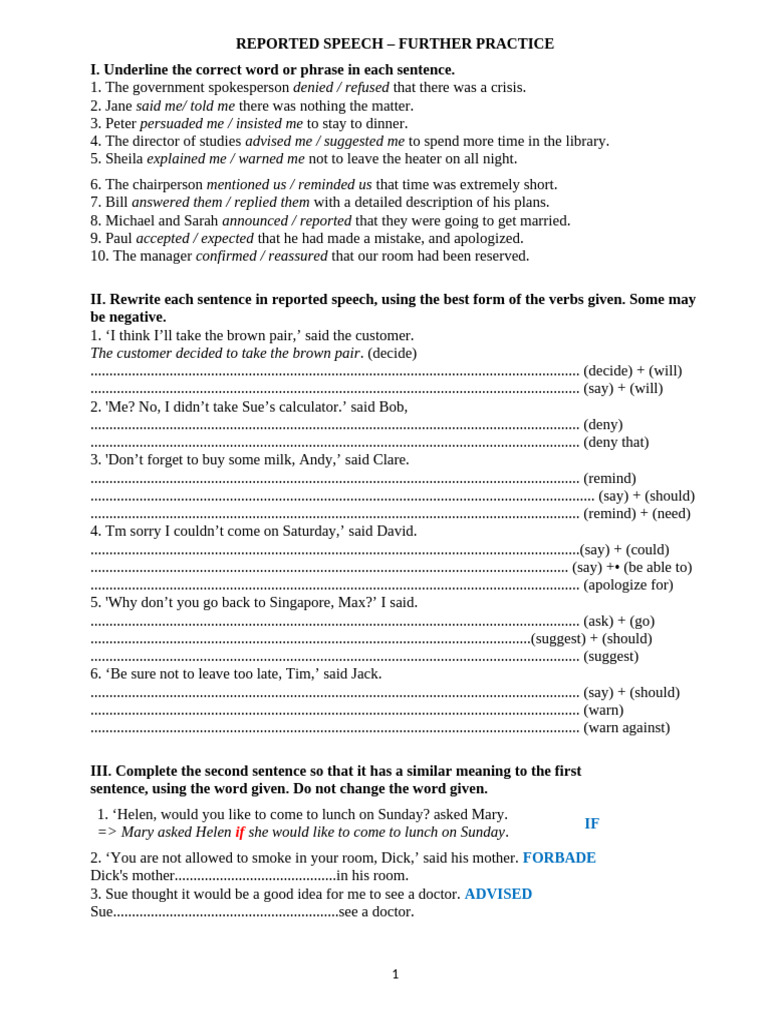 Reported Speech - Practice - (No Key) | PDF