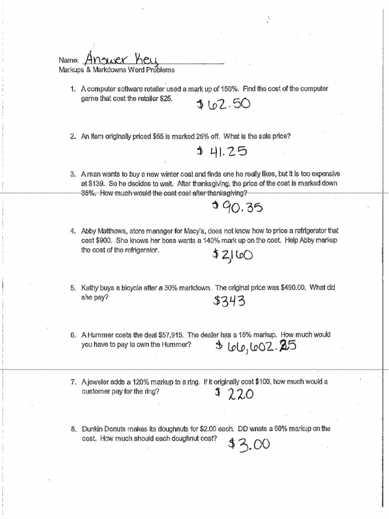 Markups and Markdowns Word Prob Handout Answer Key | PDF