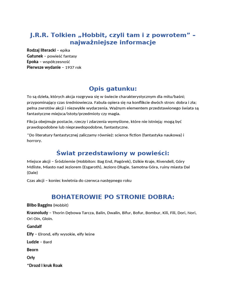 J.Tolkien - Hobbit, Czyli Tam I Z Powrotem Najważniejsze Informacje | PDF