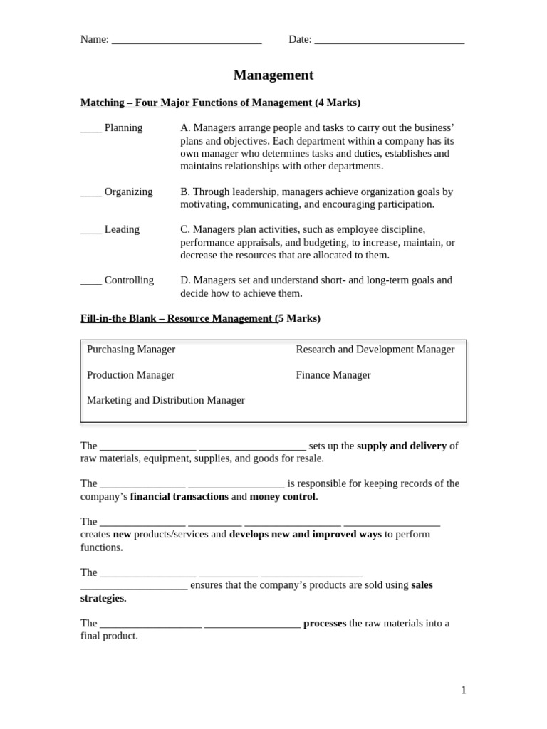 Management: Matching - Four Major Functions of Management (4 Marks) | PDF | Social Psychology ...