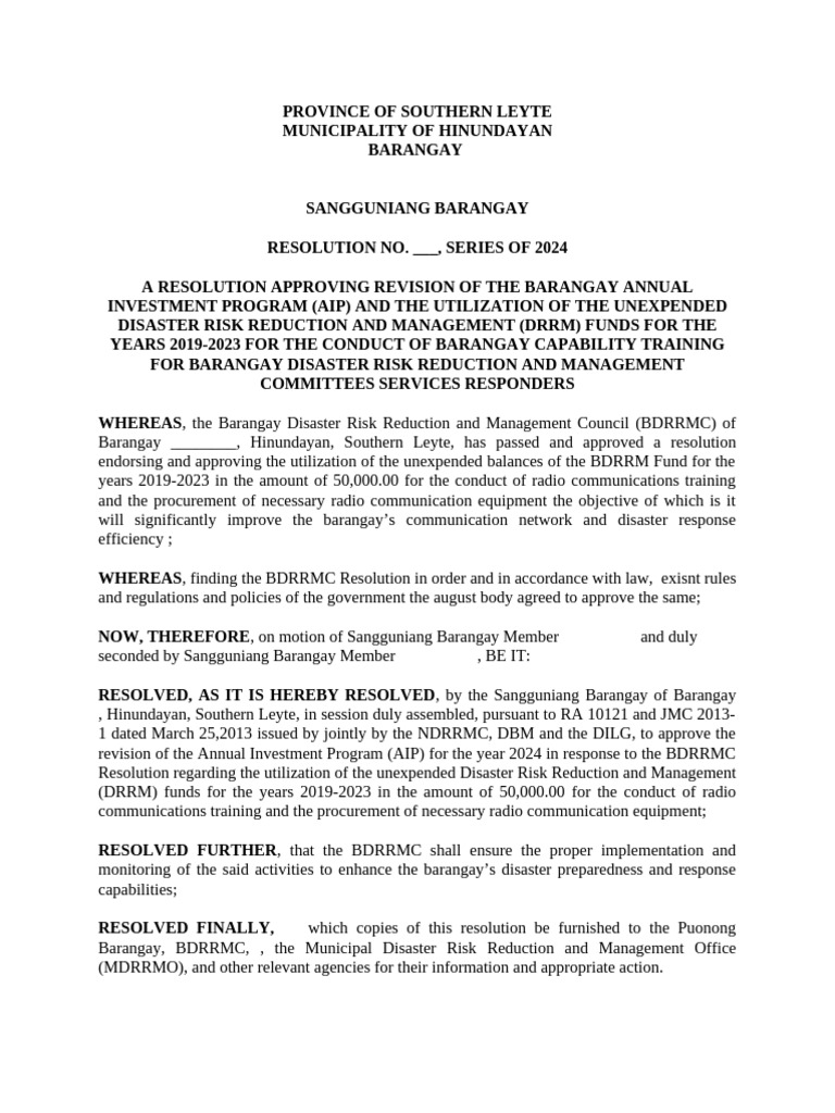 Sangguniang Barangay Resolution Revision of Aip Unexpended Balance ...