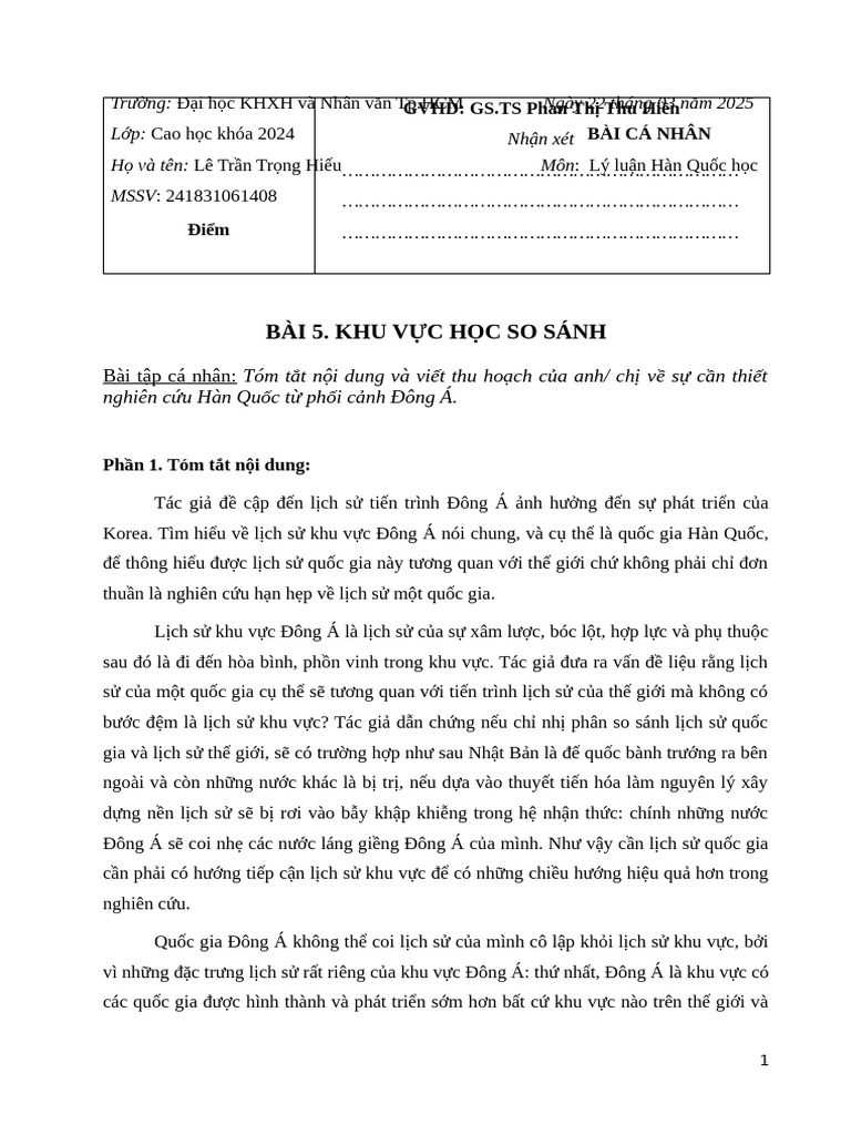 BT 05.Khu Vực Học So Sánh 1 | PDF