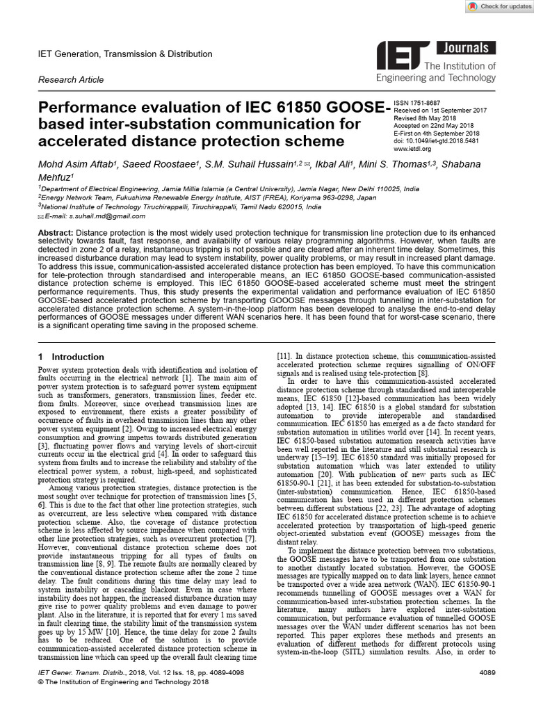 IET Generation Trans Dist - 2018 - Aftab - Performance evaluation of IEC 61850 GOOSE‐based inter ...