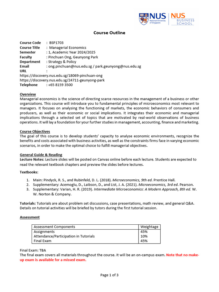 CourseOutline BSP1703 | PDF | Market Power | Monopoly