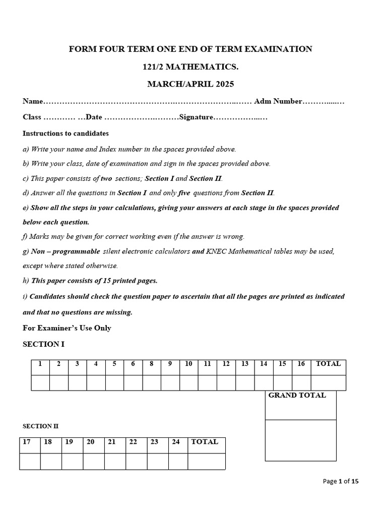 MATH PP2 QN End Term 1 2025 | PDF | Mathematics | Mathematical Analysis