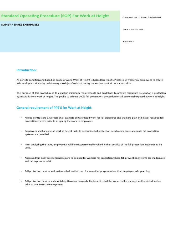 SOP for Working at Height Safety | PDF | Safety | Occupational Safety ...