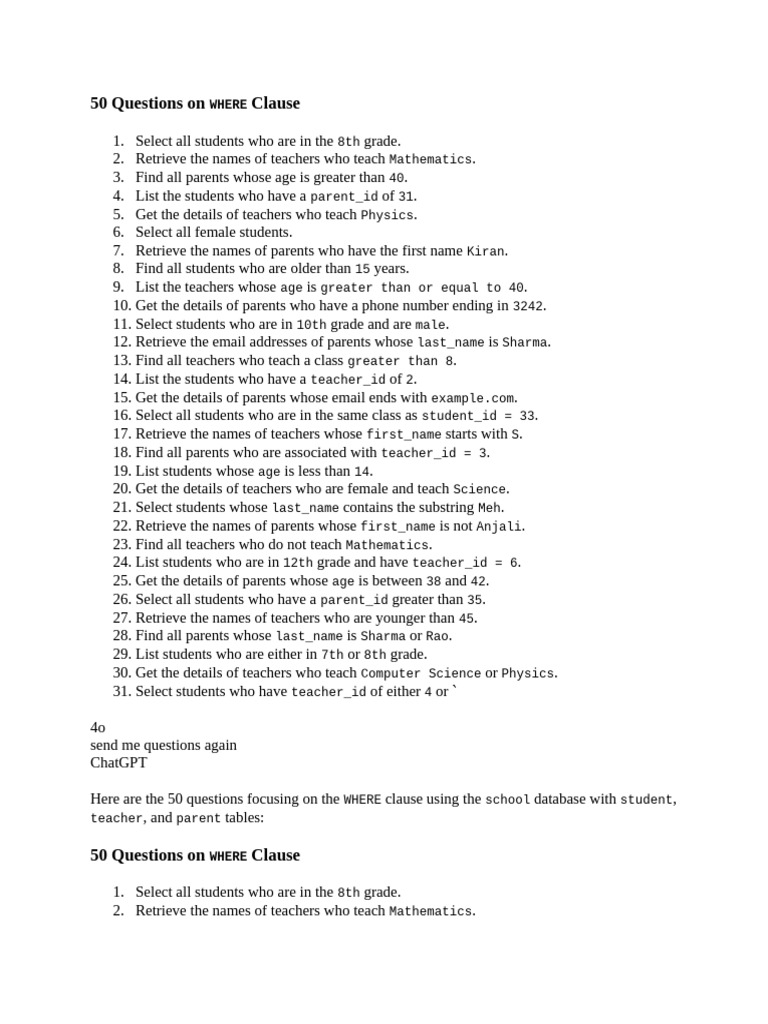 School Database 50 Questions On WHERE Clause and Update Clause | PDF