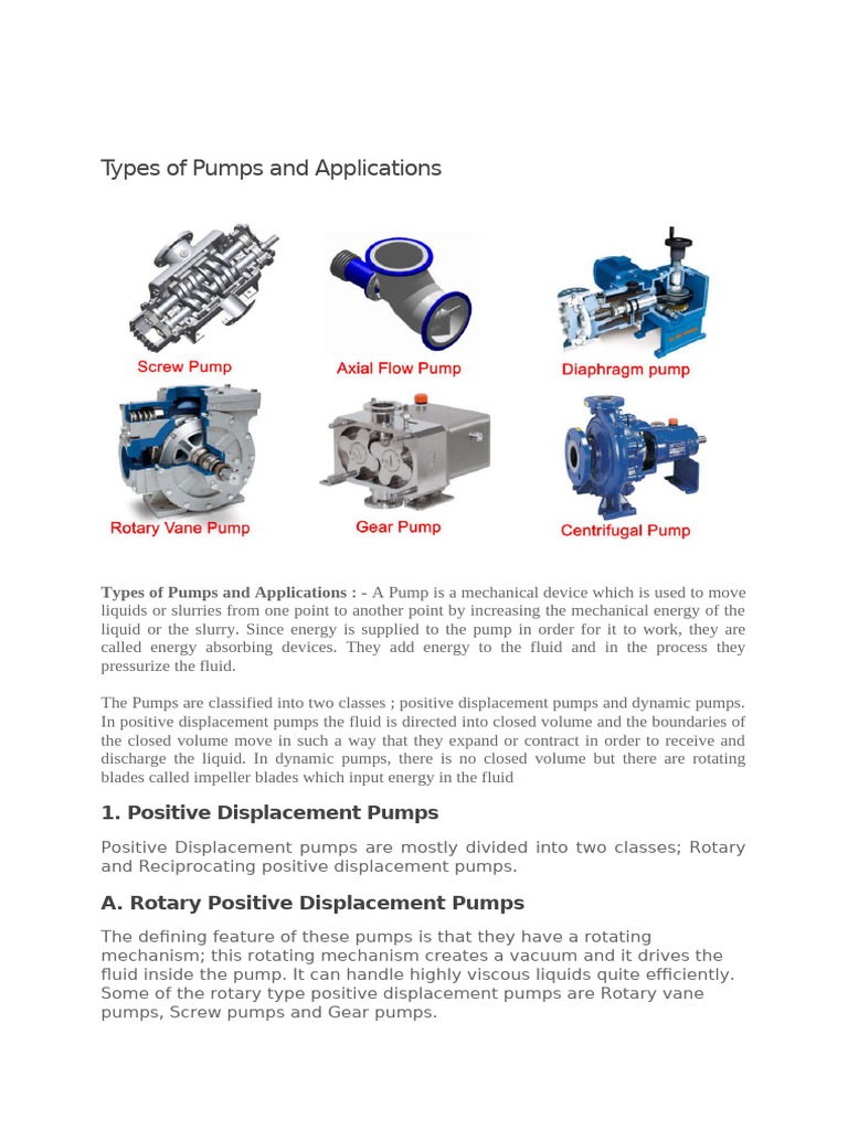 Overview of Pump Types and Uses | PDF | Pump | Hydraulics