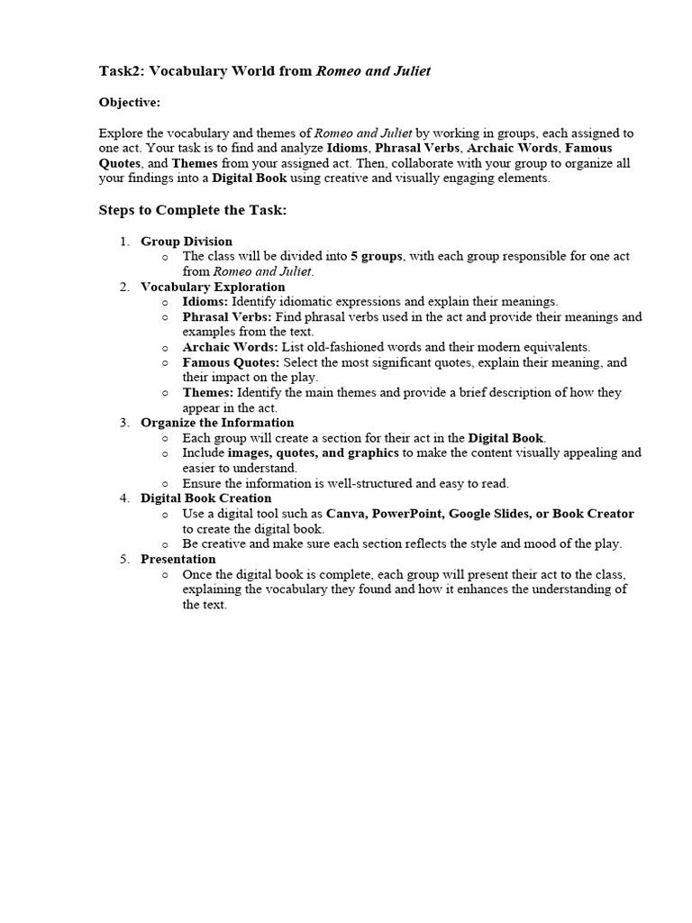 Reading Challenge Task2 Vocabulary World From Romeo and Juliet | PDF