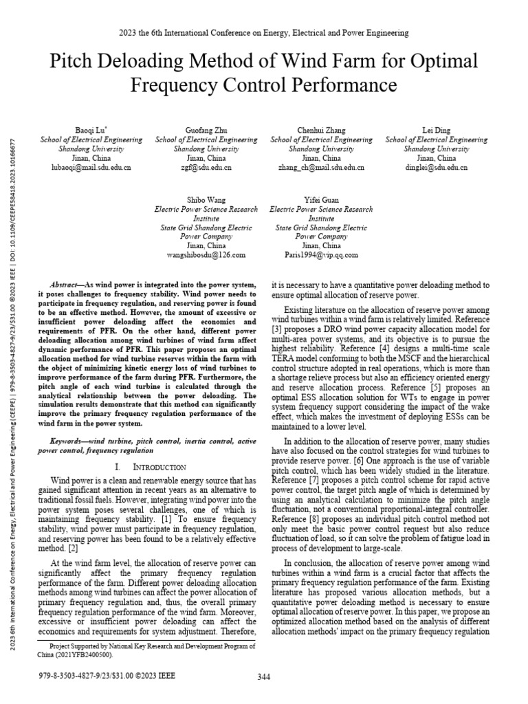 Pitch Deloading Method of Wind Farm For Optimal Frequency Control ...