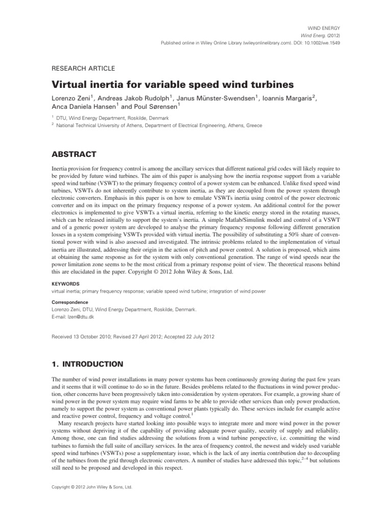Virtual Inertia For Variable Speed Wind | PDF | Wind Power | Electric Generator