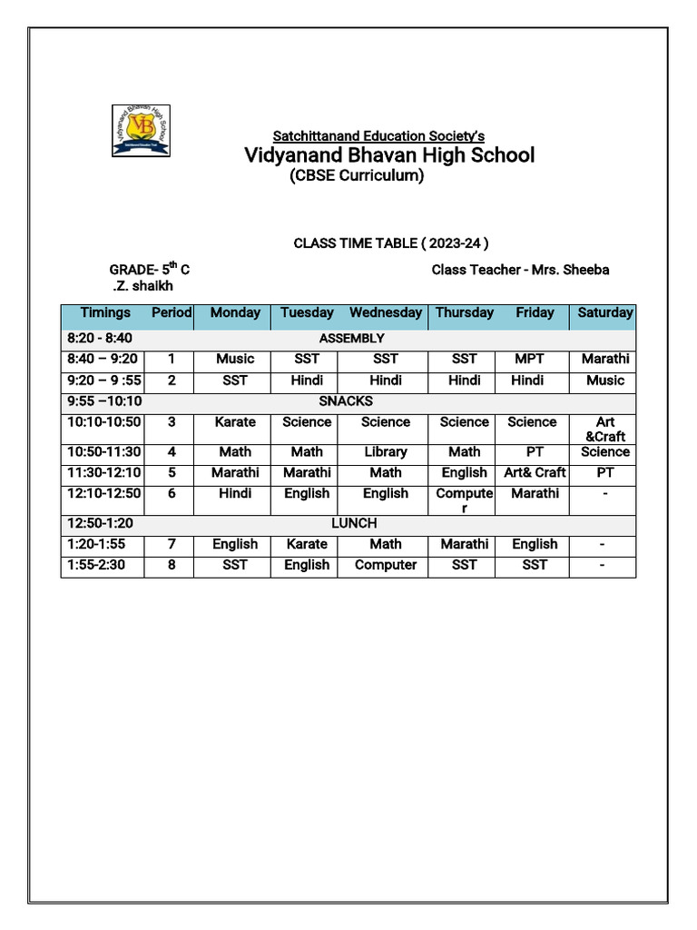 Grade 5 CBSE Class Timetable 2023-24 | PDF