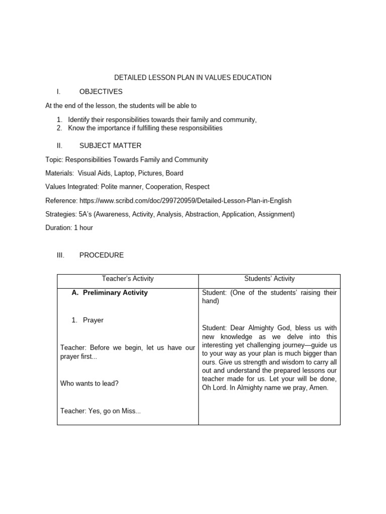 Values Education Lesson Plan: Family Responsibilities | PDF | Lesson Plan