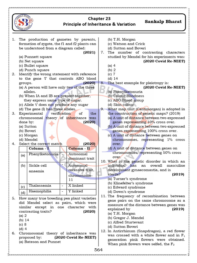 Principle of Inheritance of Variation PYQs_2880_1704169973130 | PDF | Dominance (Genetics ...