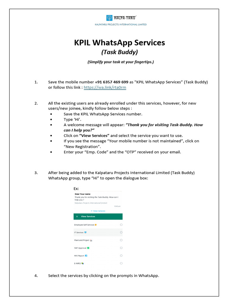 User Guideline - KPIL WhatsApp Services - Task Buddy | PDF