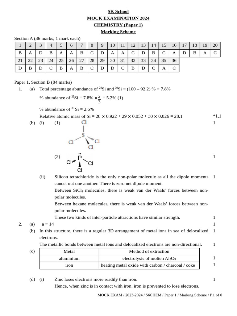 SK 2024 Chem Mock P1 Ans | PDF | Chemical Polarity | Magnesium