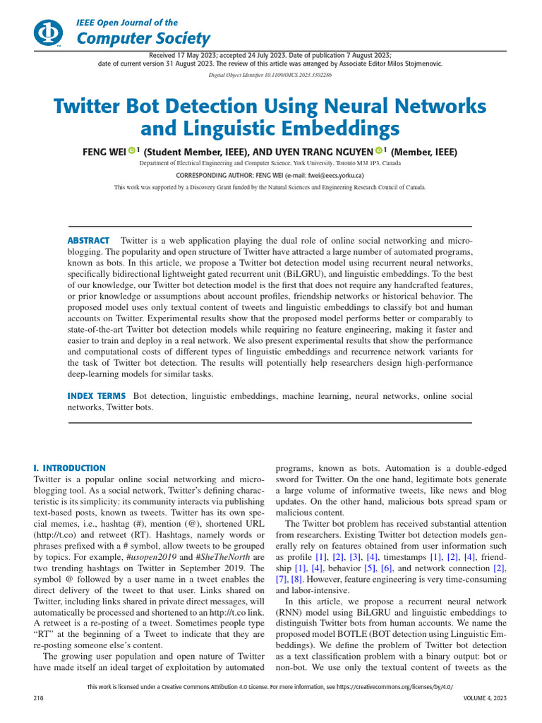 Twitter Bot Detection Using Neural Networks And Linguistic Embeddings