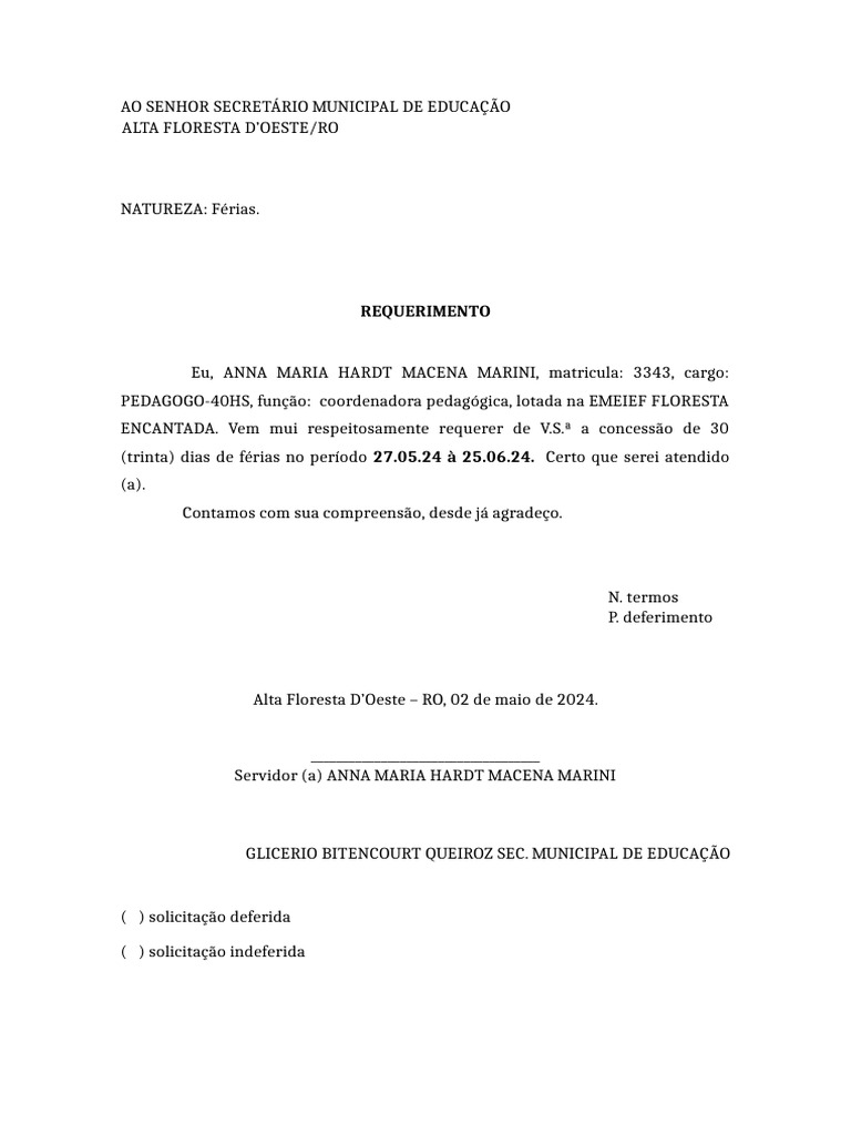 Solicitação de Férias de Anna Marini | PDF