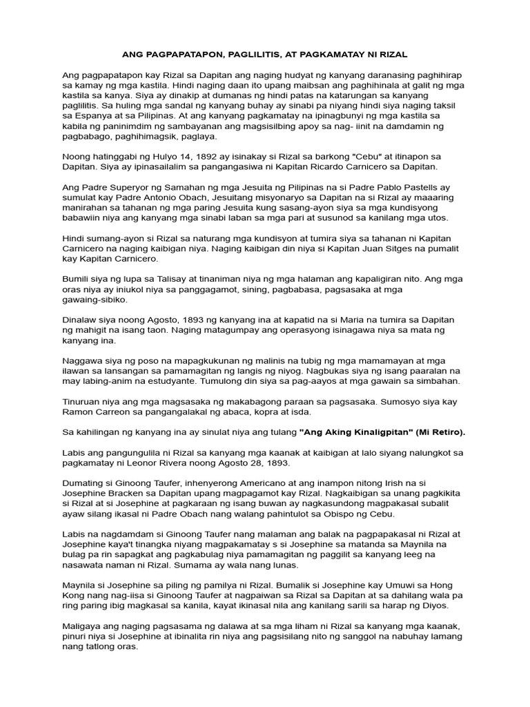 ANG PAGPAPATAPON, PAGLILITIS, AT PAGKAMATAY NI RIZAL | PDF