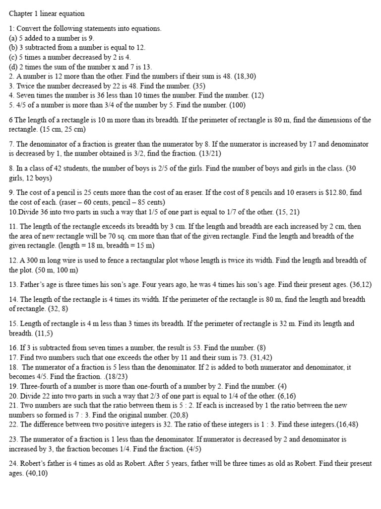 Class 7 Linear Equations Worksheet | PDF | Length | Arithmetic