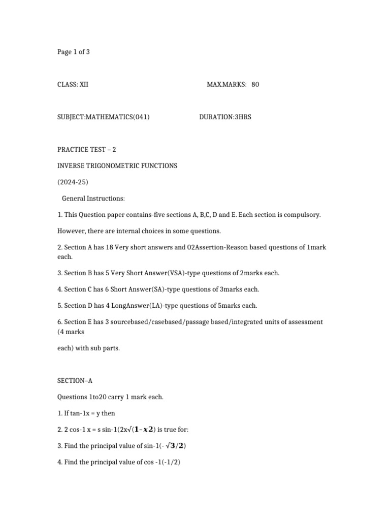 Class 12 Inverse Trigonometric Functions Test | PDF | Trigonometric ...