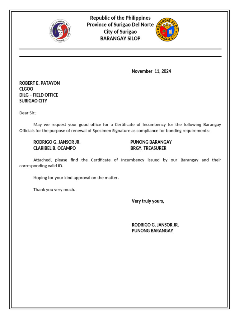 LETTER Request To Dilg For CERTIFICATE OF INCUMBENCY FOR SPECIMEN ...