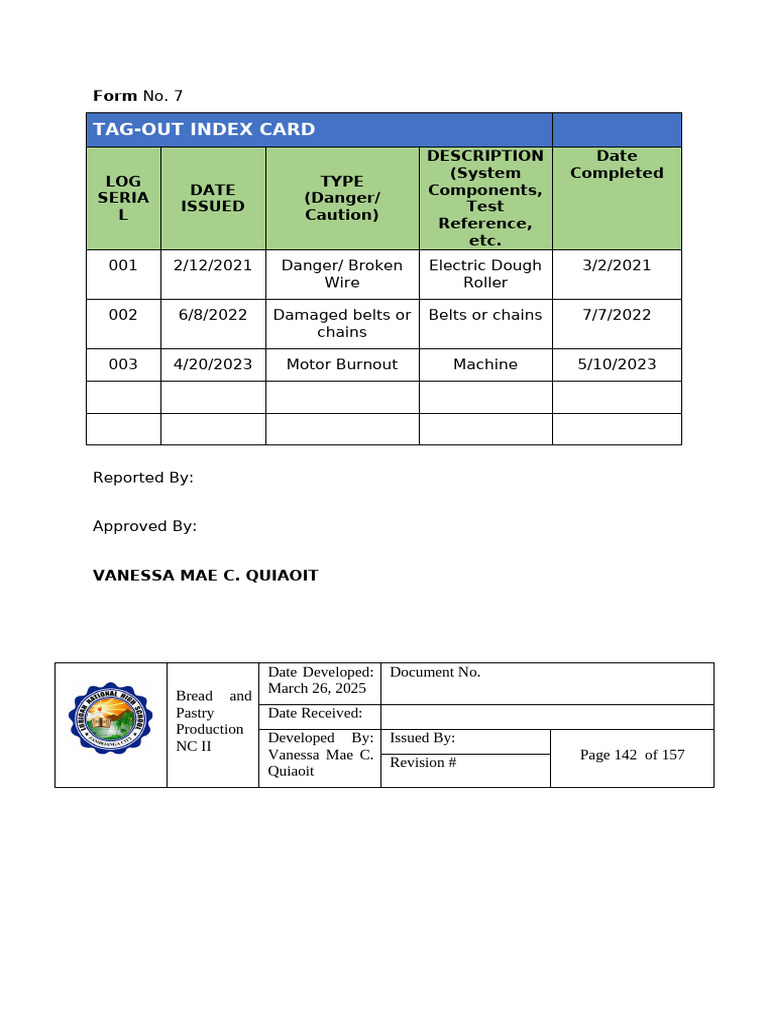 Tag-Out Index Card Log for Equipment | PDF