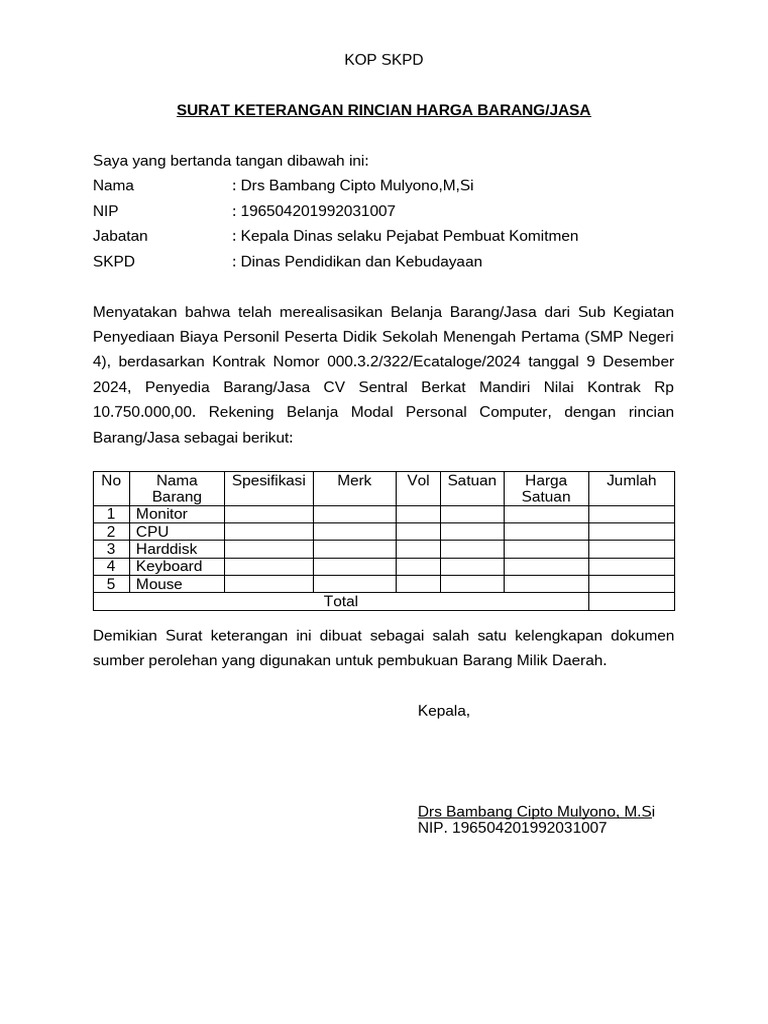 Surat Keterangan Rincian Harga Barang Jasa | PDF