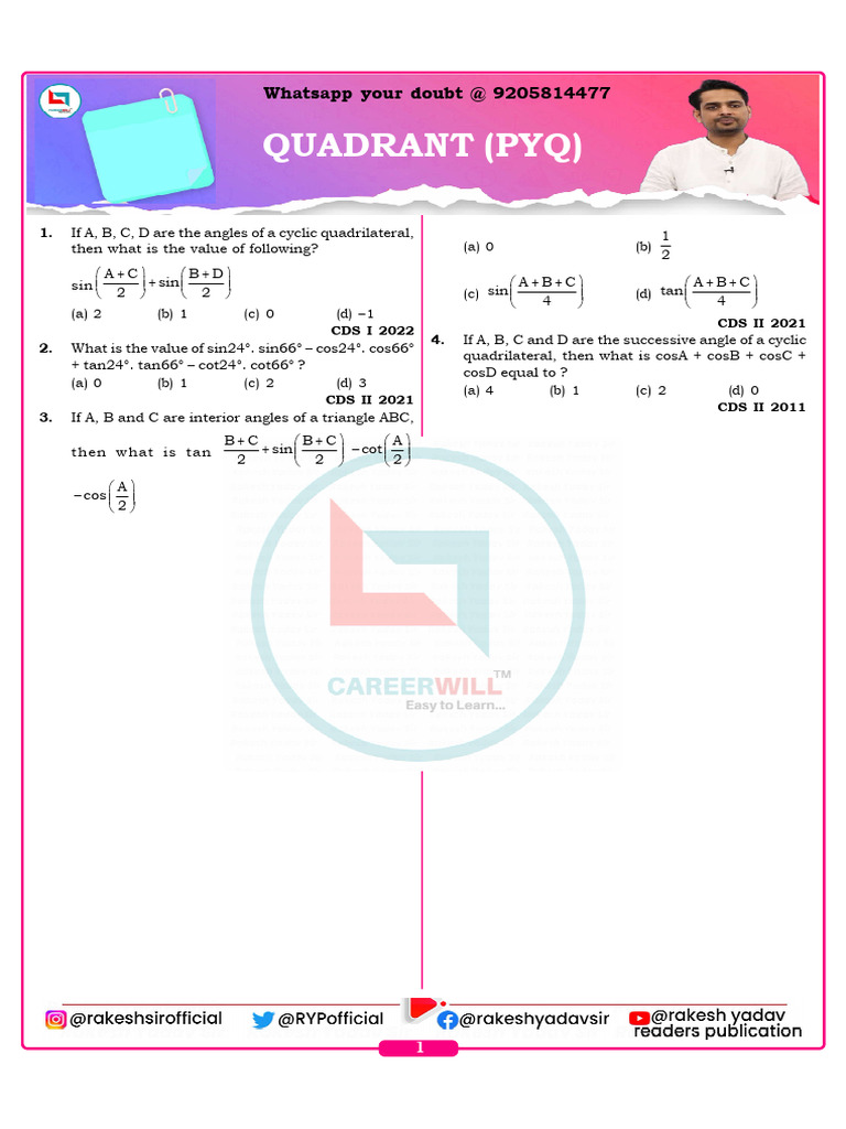 Trigonometry PYQ Class (Sheet) - 4 | PDF | Trigonometry | Classical Geometry