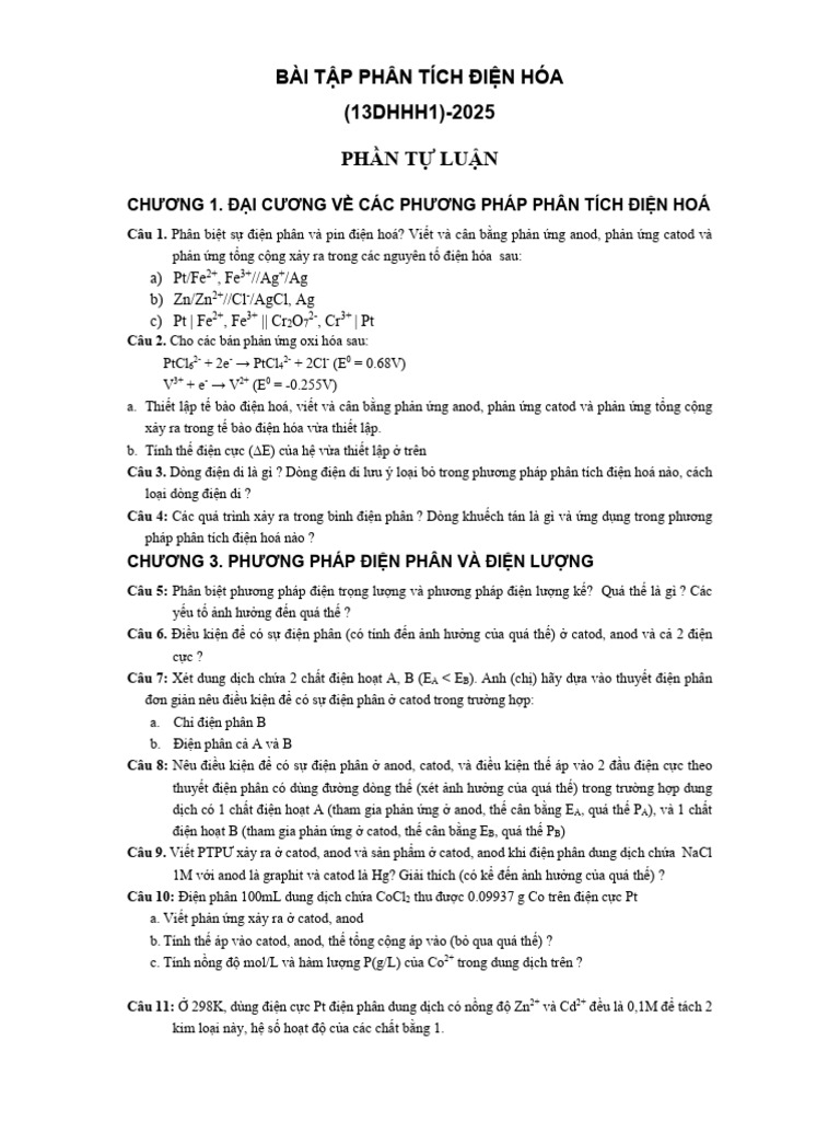 Bai Tap - Phan Tich Dien Hoa - 2025 - Co Sa | PDF