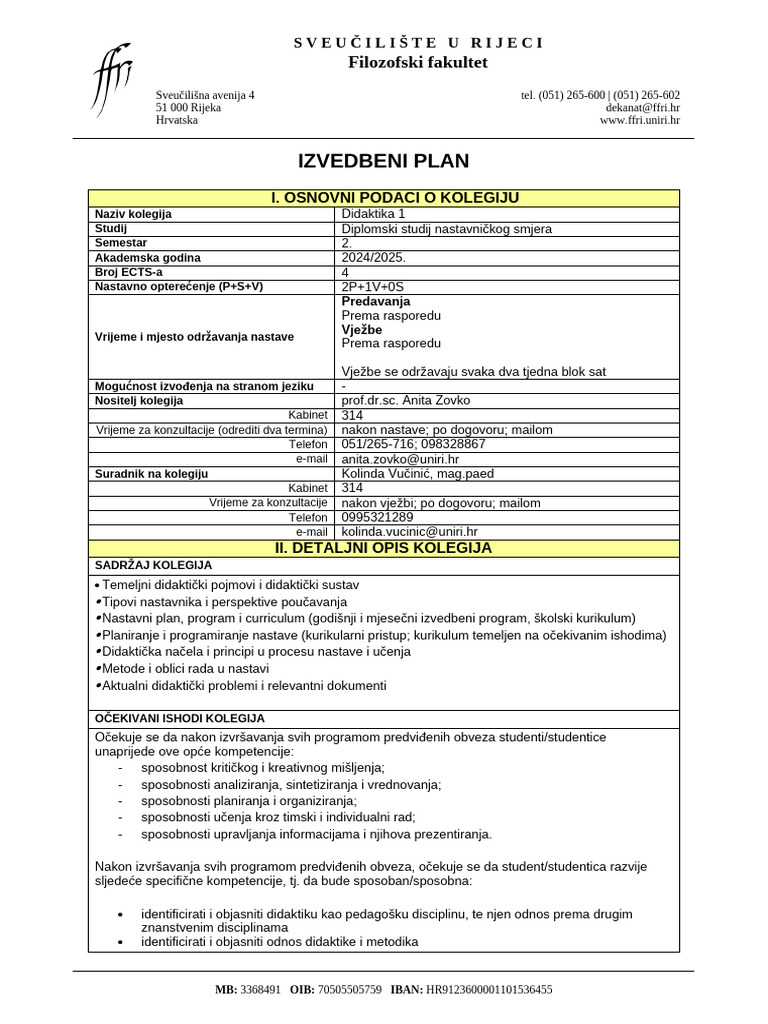 Didaktika 1 _NM_ FFRI_ Izvedbeni Plan_ 2024. - 2025. | PDF
