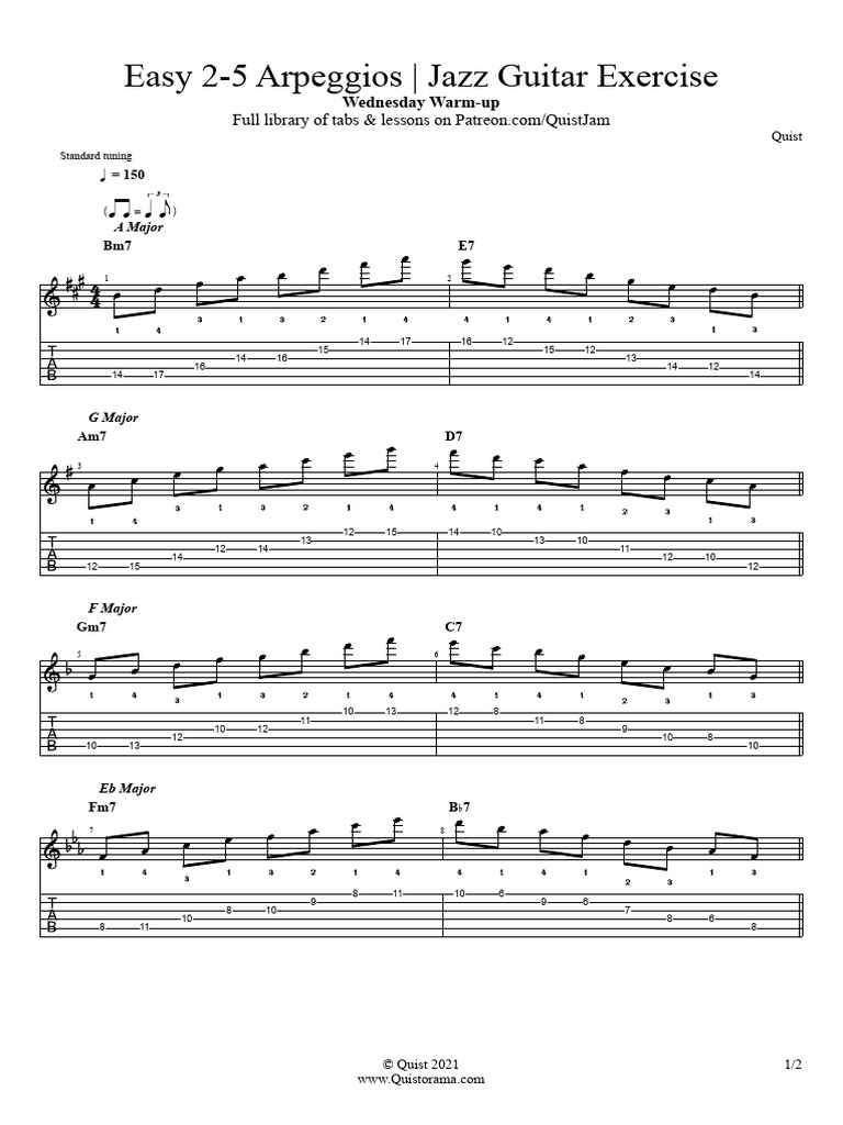 Easy 2 5 Arpeggios Jazz Guitar Exercise Wednesday Warm Up Tab Notation | PDF | Music Theory ...