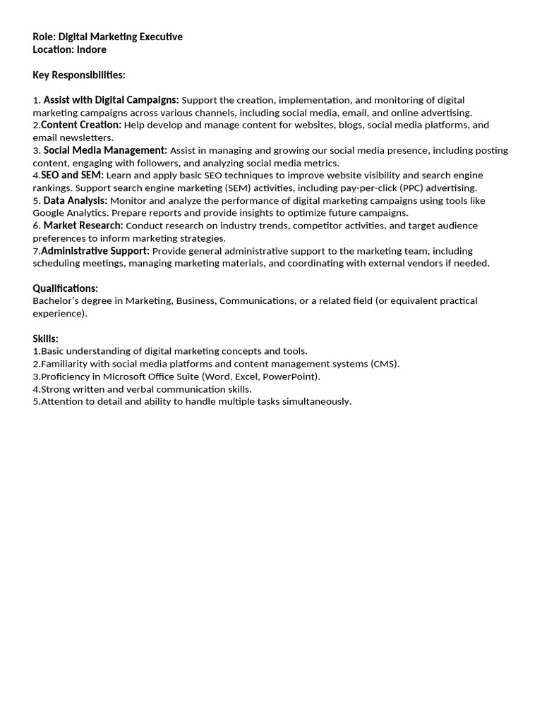 Job Description-Digital Maketing Executive | PDF