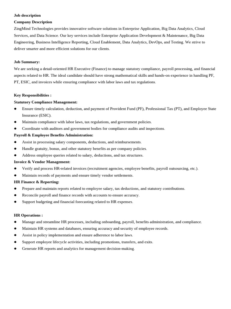 Job description- Human Resource Executive | PDF
